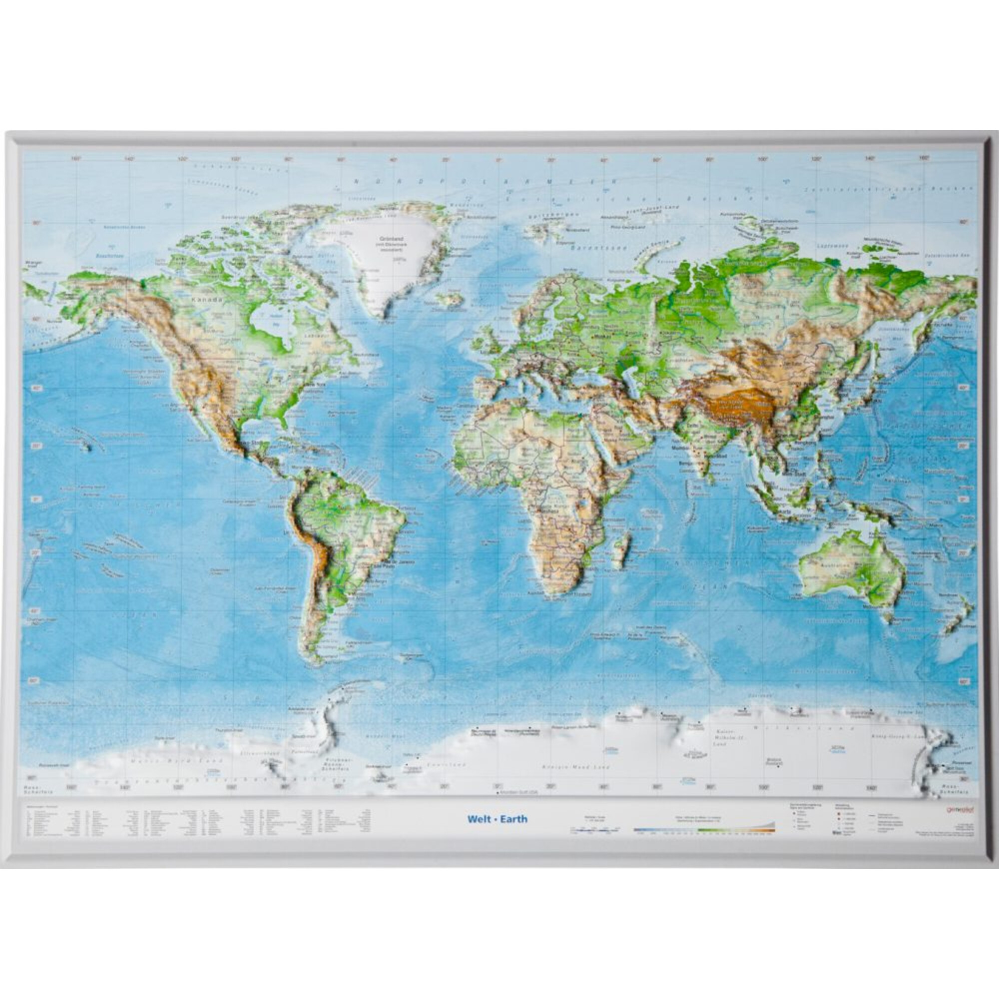 Georelief 3D relief map of the world, small (in German)