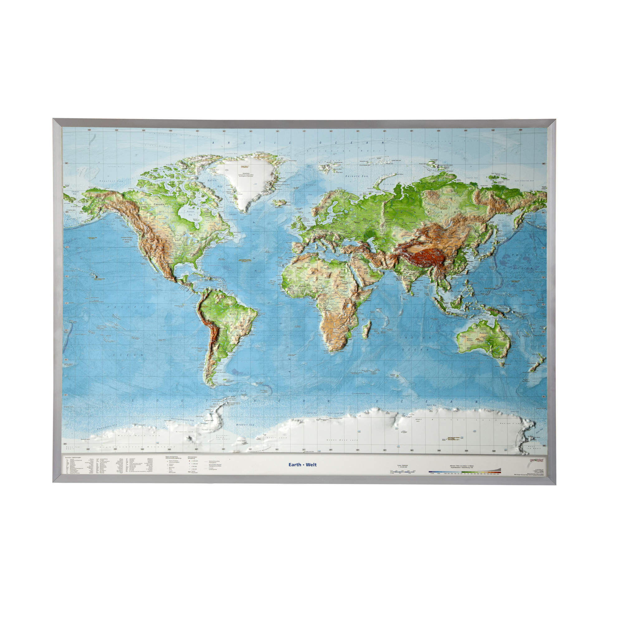 Georelief World relief map, large, 3D, with aluminium frame
