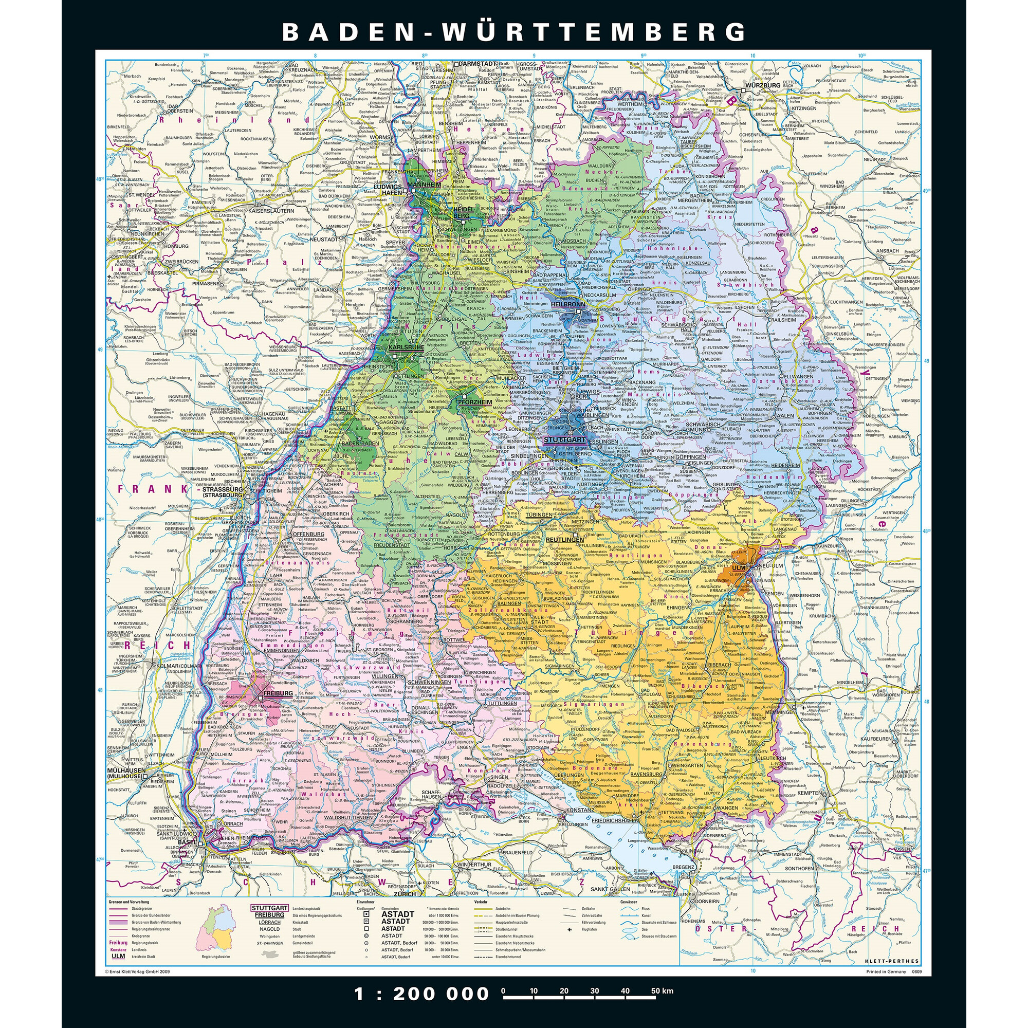 PONS Physical and political map of Baden-Wuerttemberg (148 x 168 cm)
