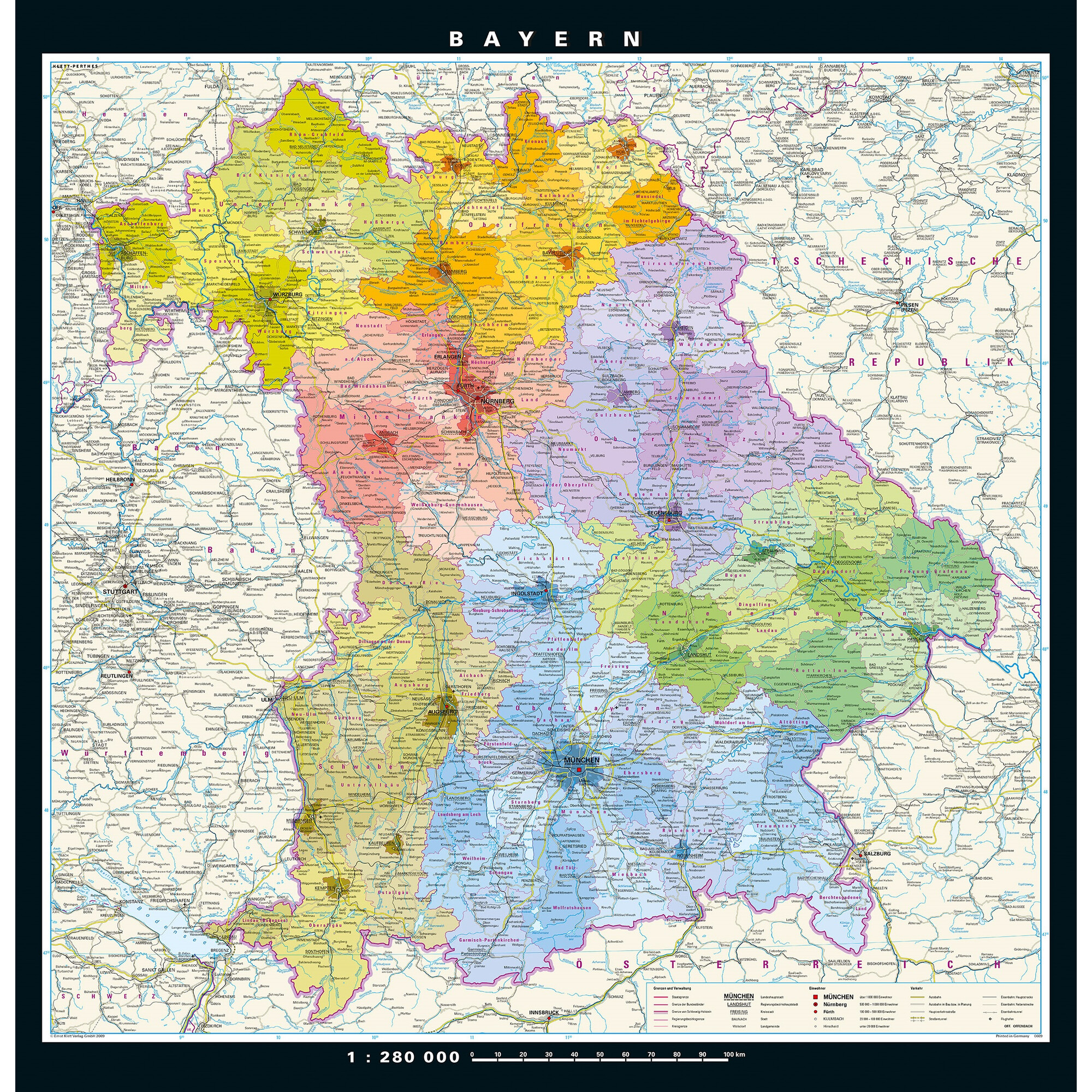 PONS Regional map Bavaria physical/political (148 x 150 cm)