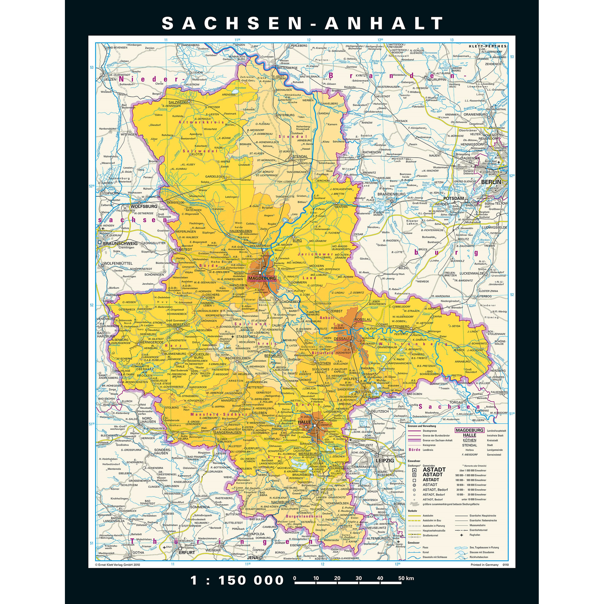 PONS Regional map Saxony-Anhalt physical/political (148 x 188 cm)