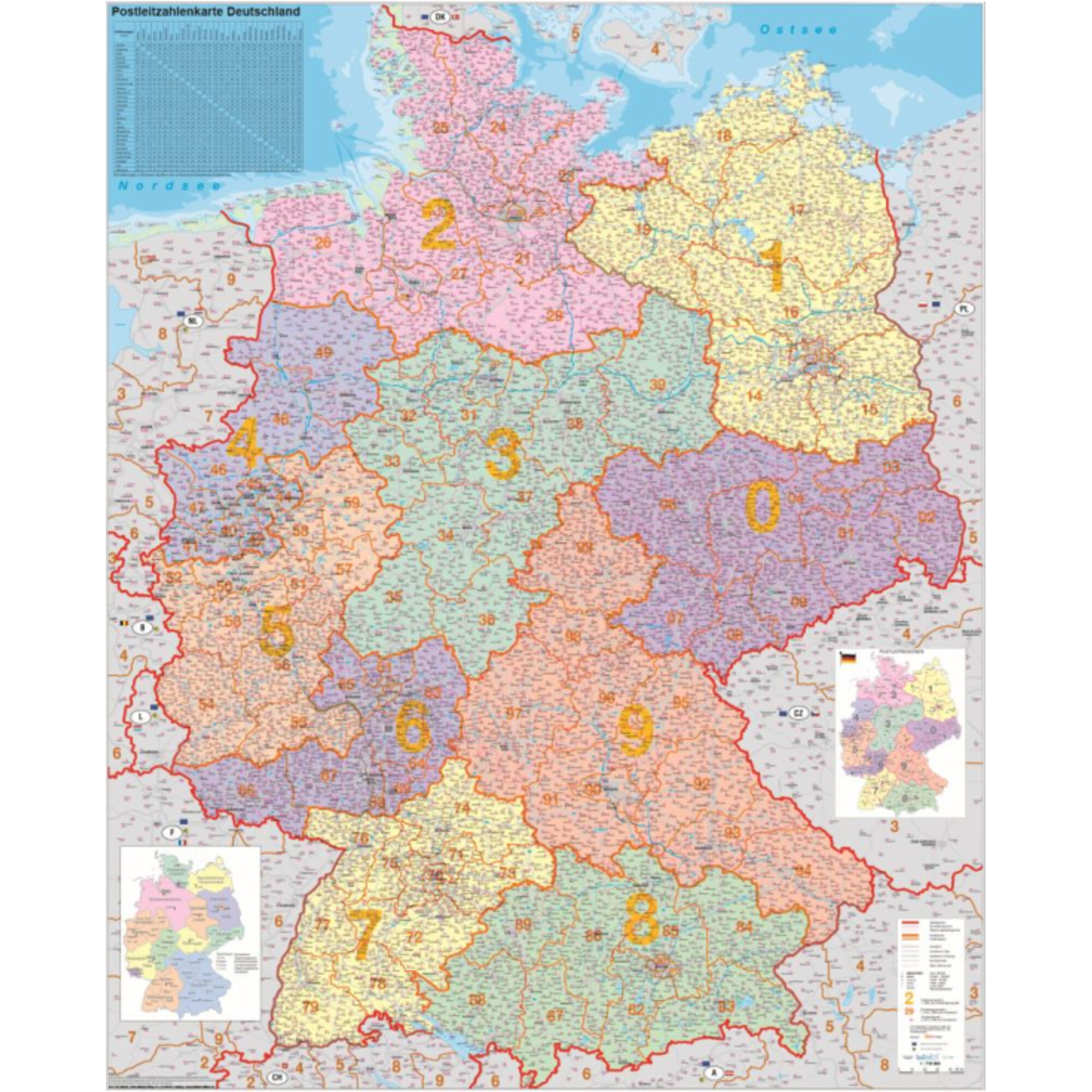 Stiefel Germany, political map of postcodes (100 cm x 140 cm)