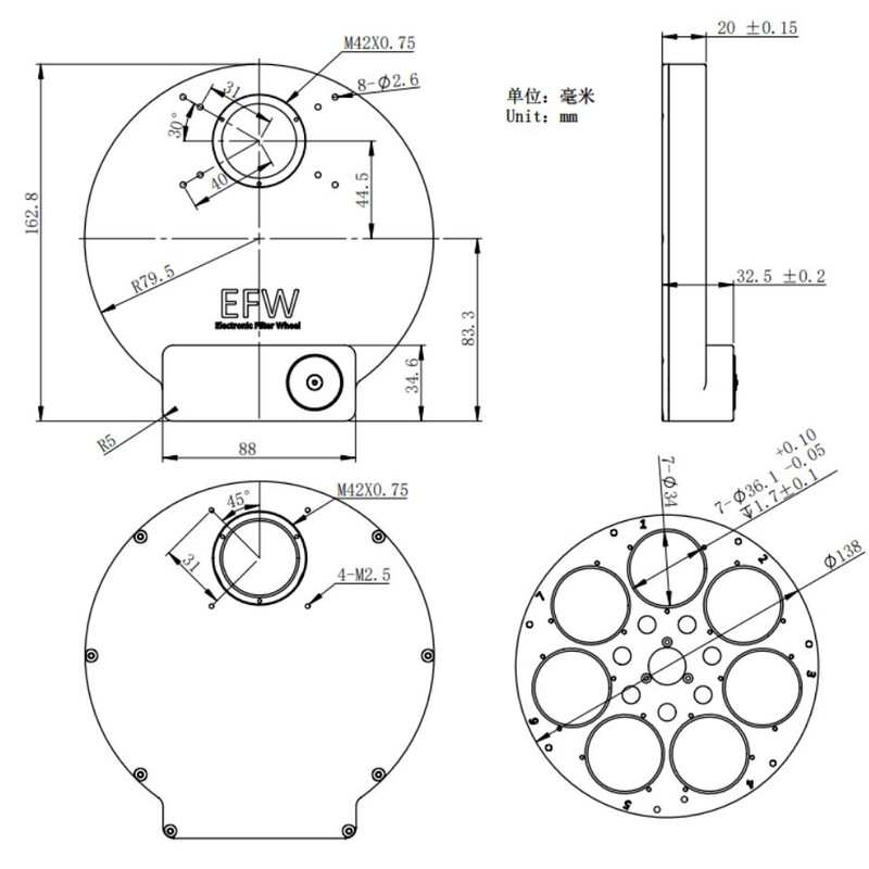 ZWO Motorised filter wheel EFW 7x36mm II